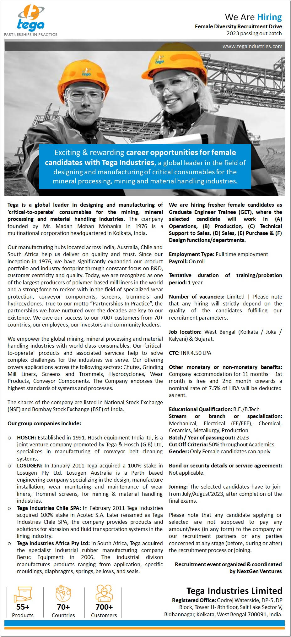 Tega Industries Limited – Female Diversity Recruitment Drive for B.Tech ...